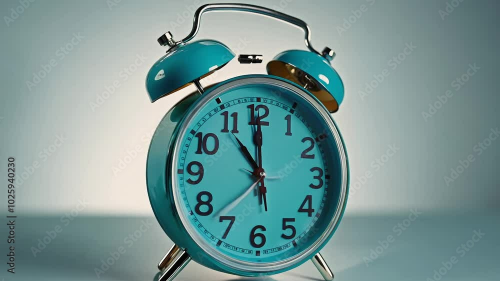 a 360-degree video of a vintage blue alarm clock at midnight with soft ...