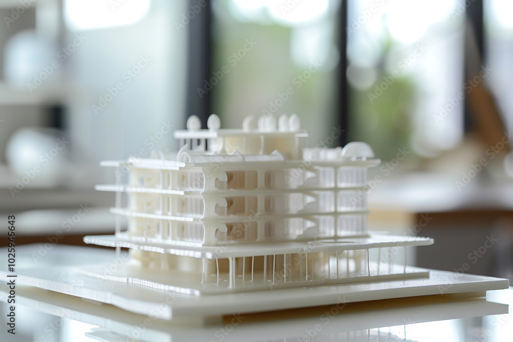 Close-up of a freshly 3D printed architectural model illustrating the ...