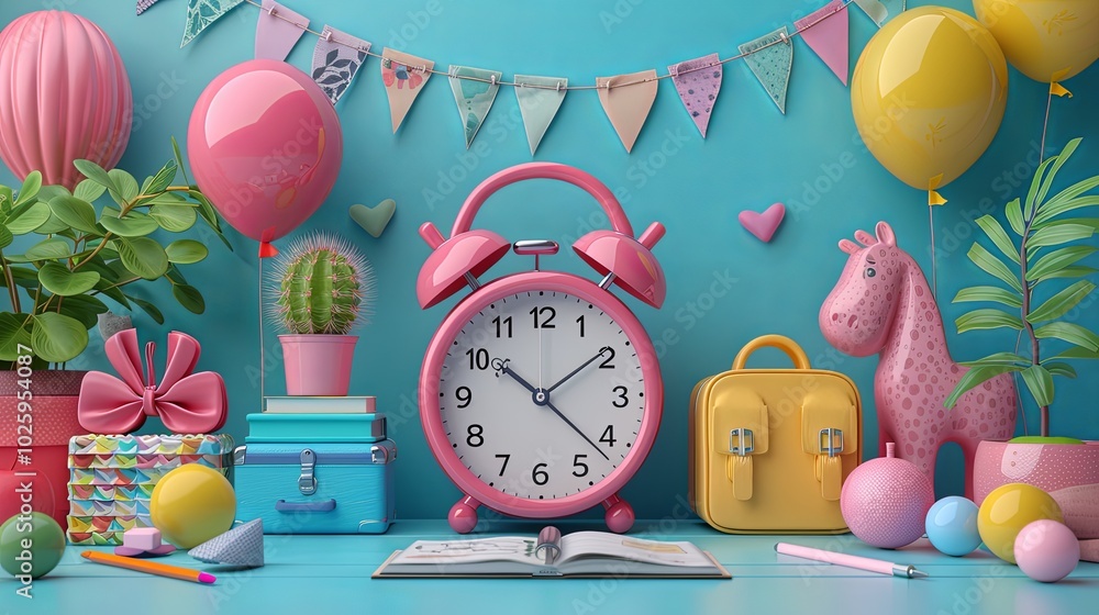 Back to school. Big alarm clock and student learning education elements ...