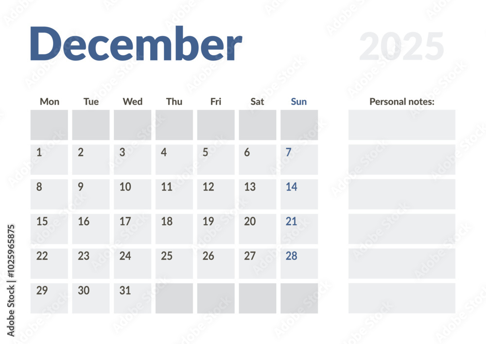 Monthly page Calendar Planner Template of December 2025. Vector layout ...