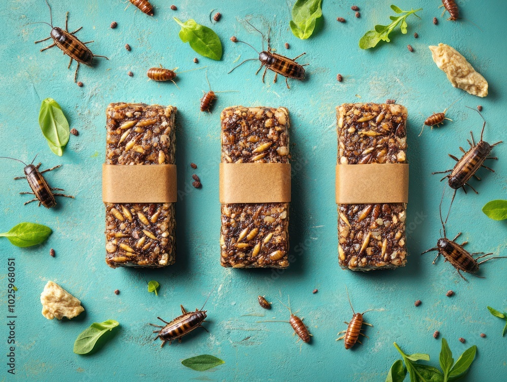 An innovative edible insect protein background, showcasing protein bars ...
