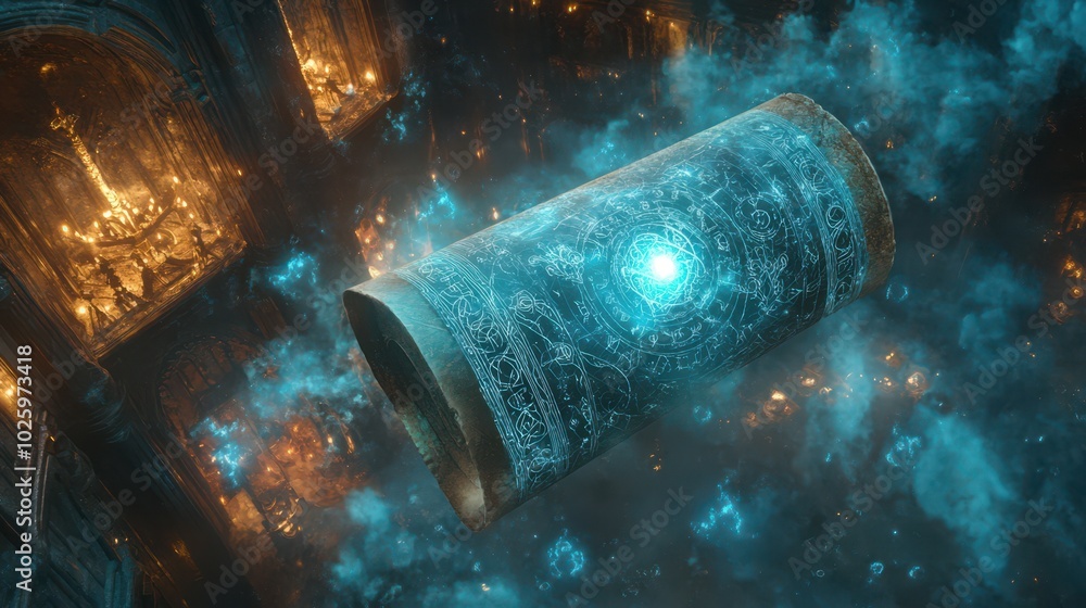 Magical scroll floating in mid-air surrounded by swirling arcane ...