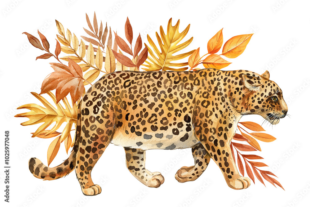 Leopard with fall foliage. Autumn inspired exotic animal illustrations ...