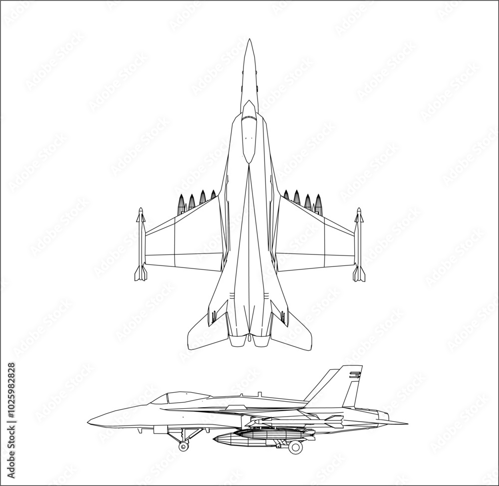 Poster Set of military jet fighter Vector technical drawing blueprint ...