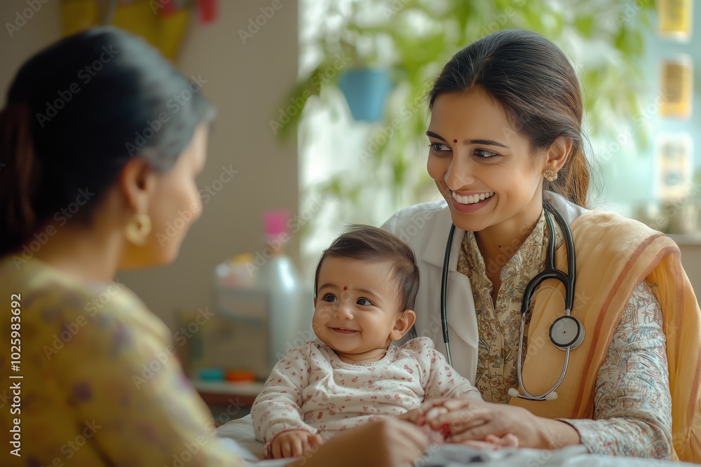 Indian female doctor providing pediatric care and checkup to a happy ...