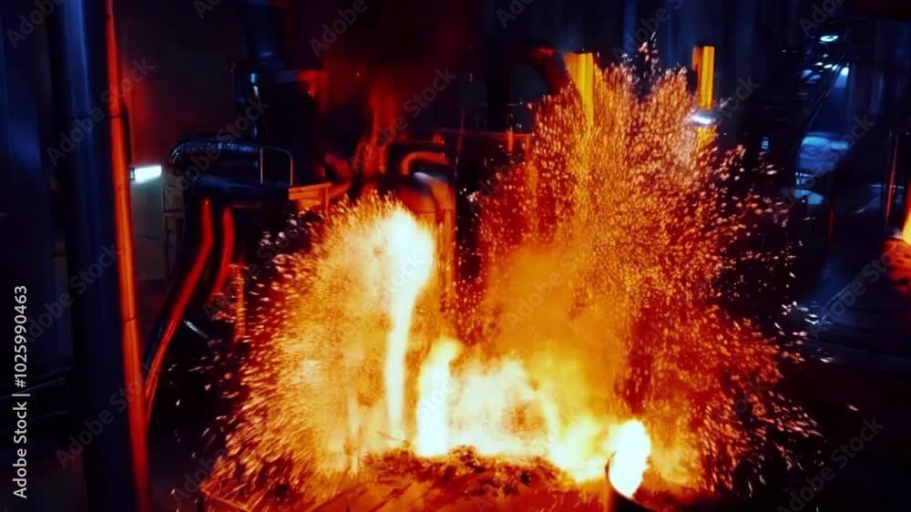 Inside a futuristic industrial factory,e glow of molten metal pouring ...