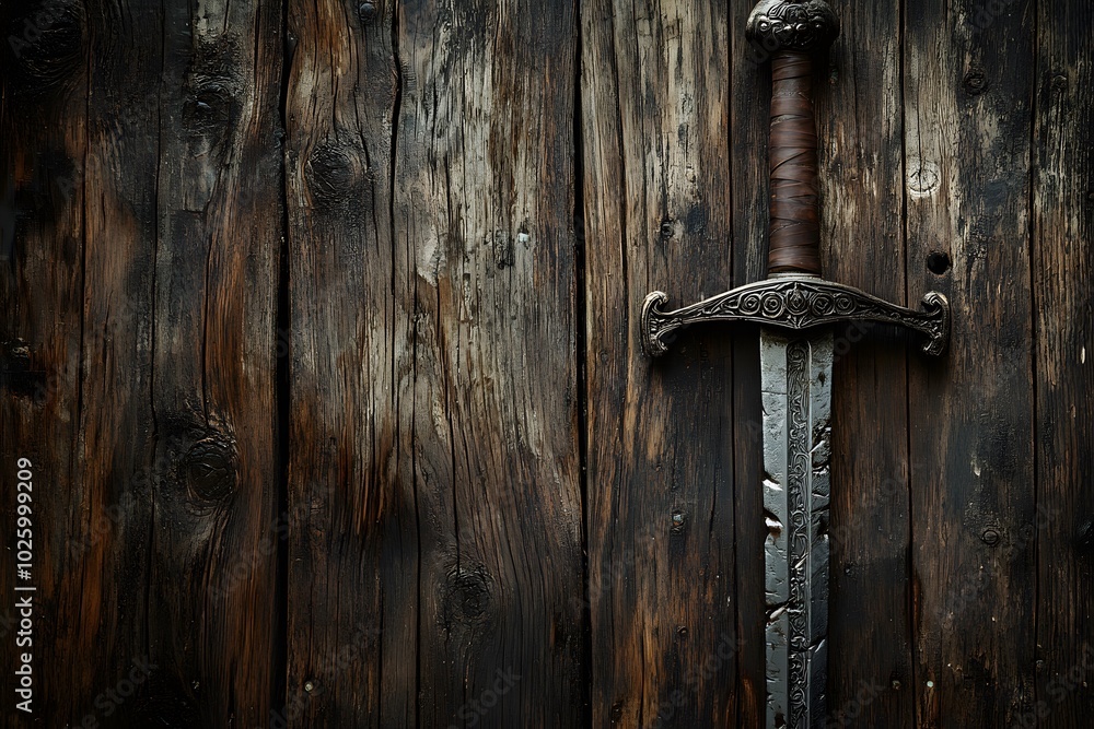 A close-up of a pirate's sword with an ornate hilt, partially sheathed ...
