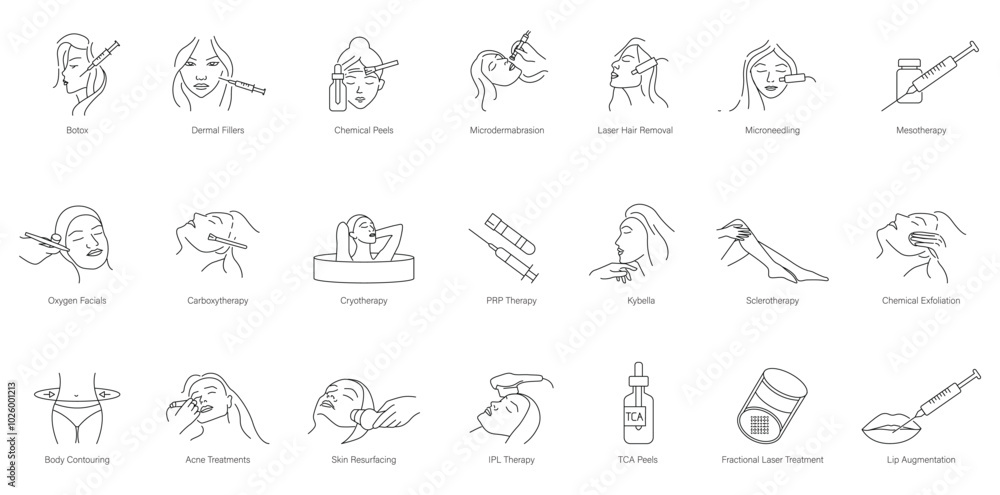 Comprehensive Aesthetic Treatment Icon Set Featuring Botox, Dermal ...