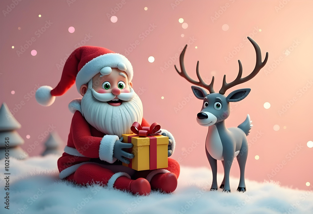 Cuddly Santa Claus with gift and cheerful reindeer in snowy landscape ...