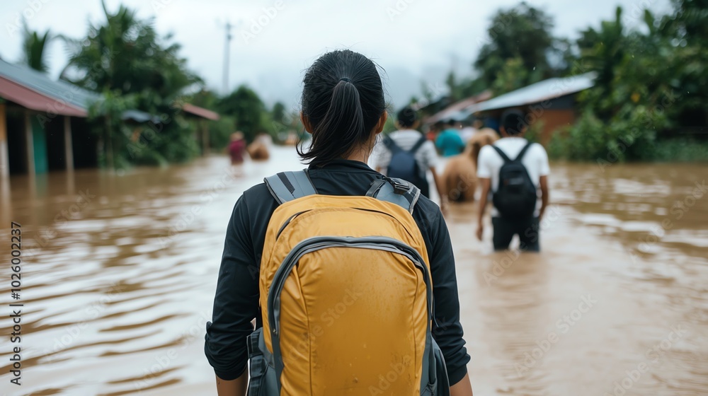 People evacuating from a village as floodwaters rise rapidly, carrying ...