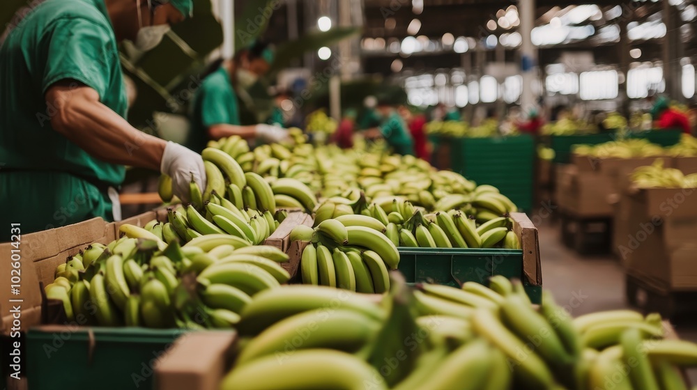 Banana production line in a factory, workers in sanitary clothing ...