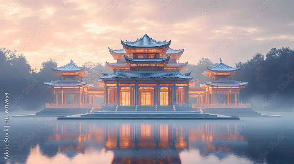 Ancient Chinese-style architecture with intricate details, featuring ...