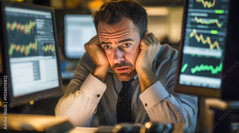 Worried businessman staring at falling stock prices on multiple ...