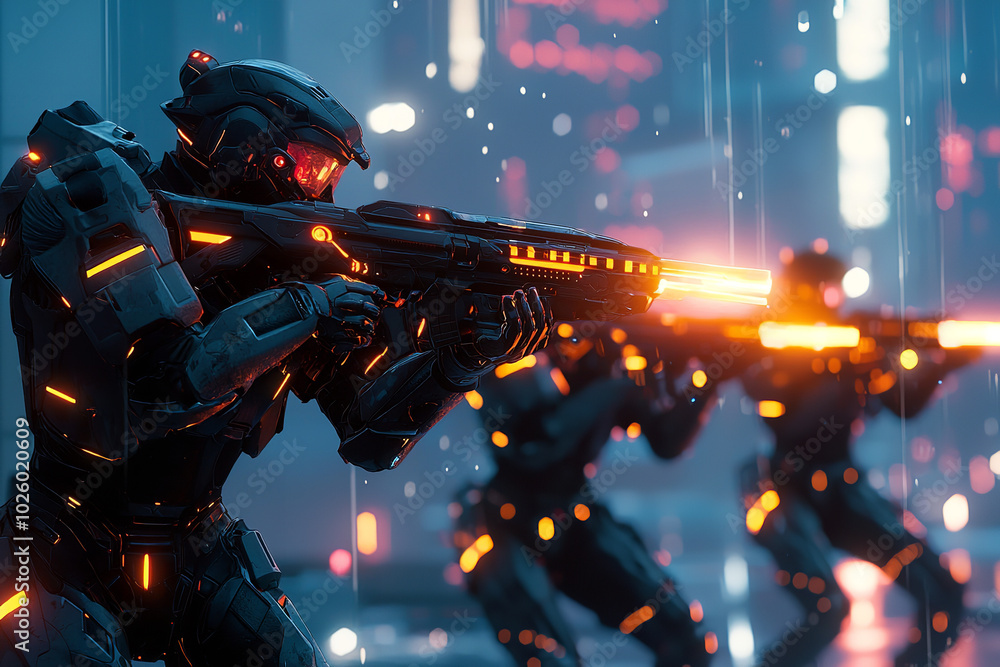 Elite infantry troops in advanced, angular body armor, wielding glowing ...