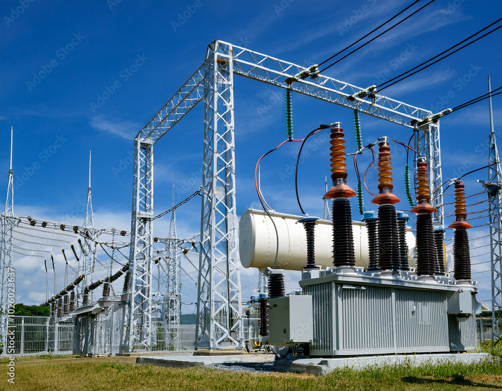 High voltage power transformer at an electric substation under a clear blue sky Stock Photo ...