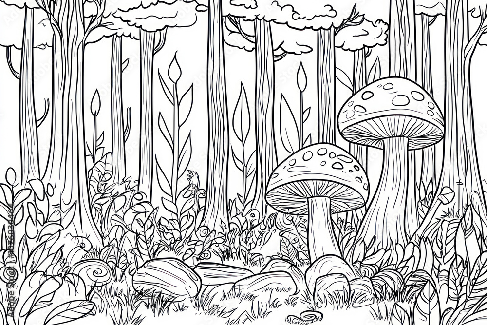 Fairy tale forest, coloring page for kids, line art, black and white ...
