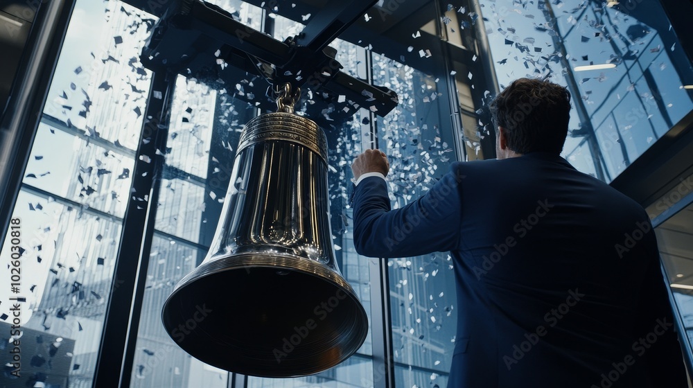 Jubilant IPO Celebration - Person ringing a large bell amidst a shower ...
