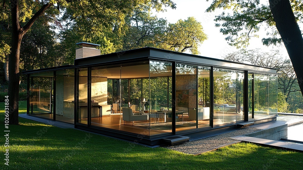 Glass house surrounded by lush greenery with a detailed map placed next ...