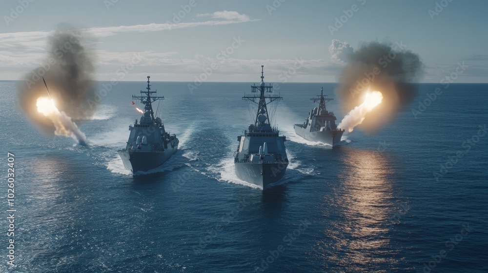 Fierce Naval Engagement: Warships Unleash Missiles and Cannon Fire in ...