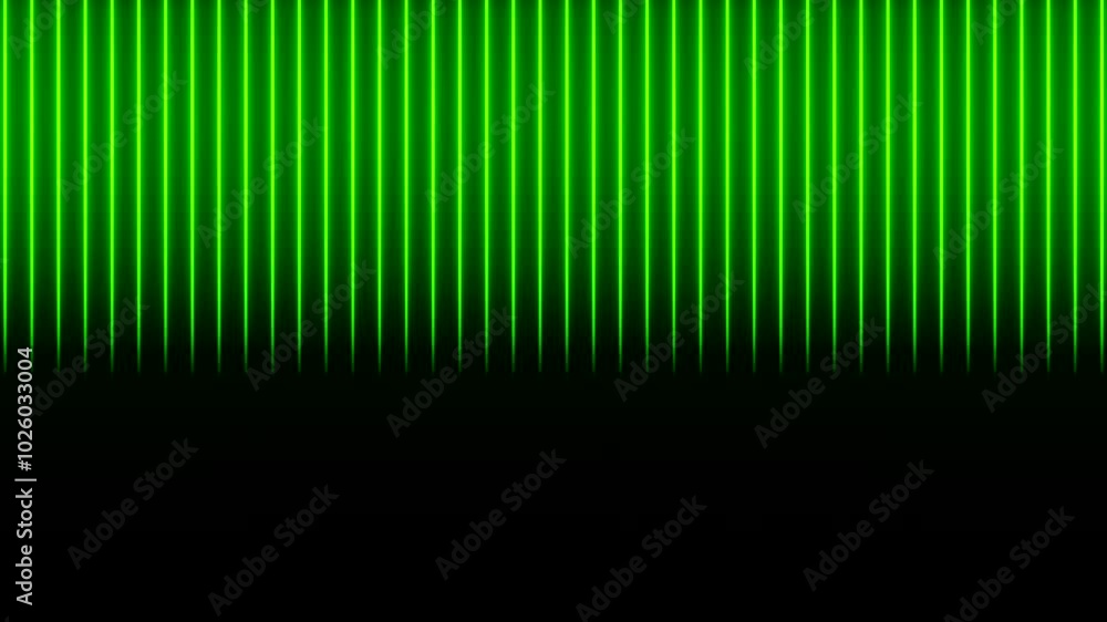 Illuminated vertical lines in green neon light moving up. Symmetrical ...