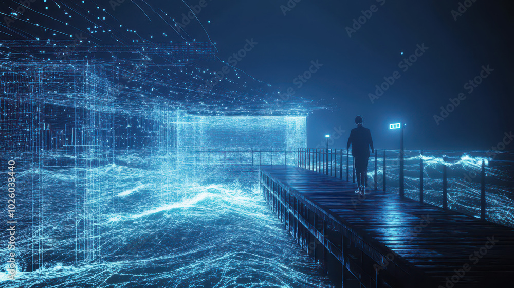 Tech-Inspired Wireframe Illustration of a Storm Surge Simulation: 3D ...