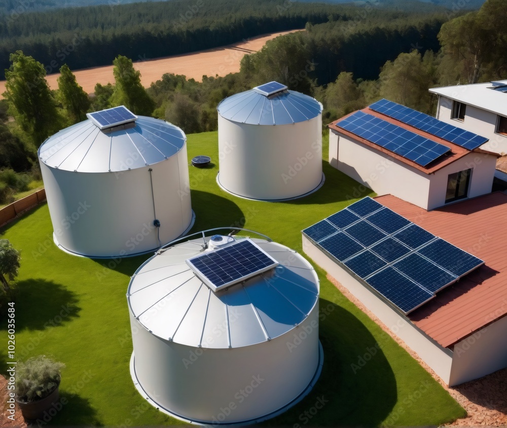 A modern home equipped with a rainwater harvesting system and solar ...