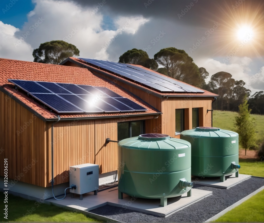 A modern home equipped with a rainwater harvesting system and solar ...