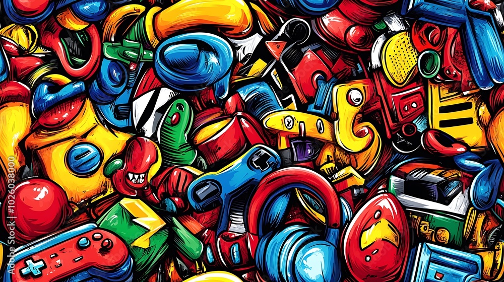 A vibrant doodle pattern with pixelated video game characters, retro ...