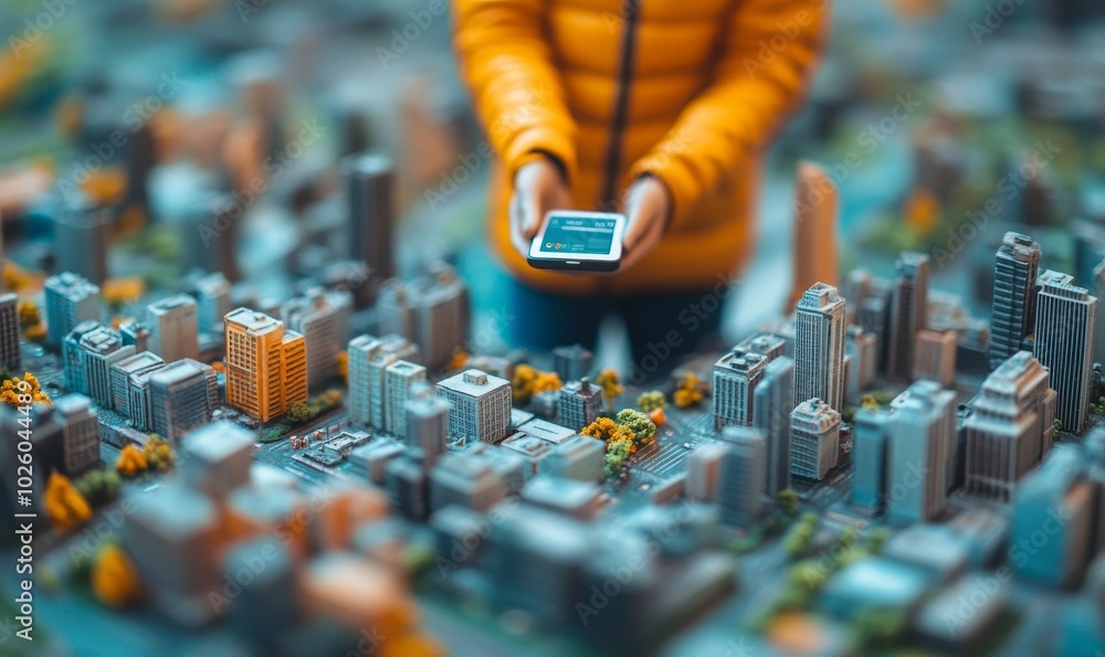 Foto de Geofencing technology. Miniature city model with person ...
