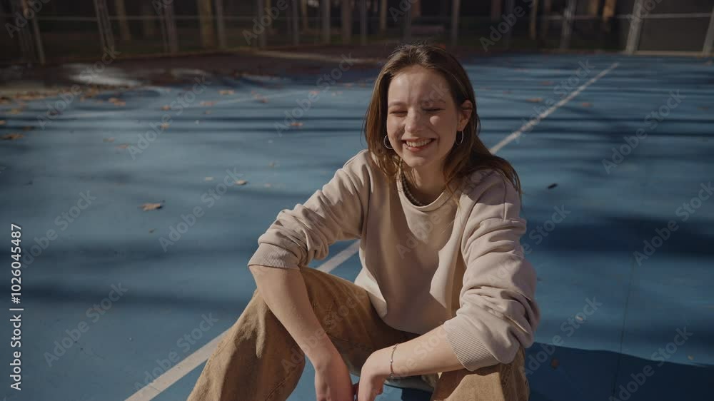 A young woman is seated gracefully on a vibrant basketball court ...