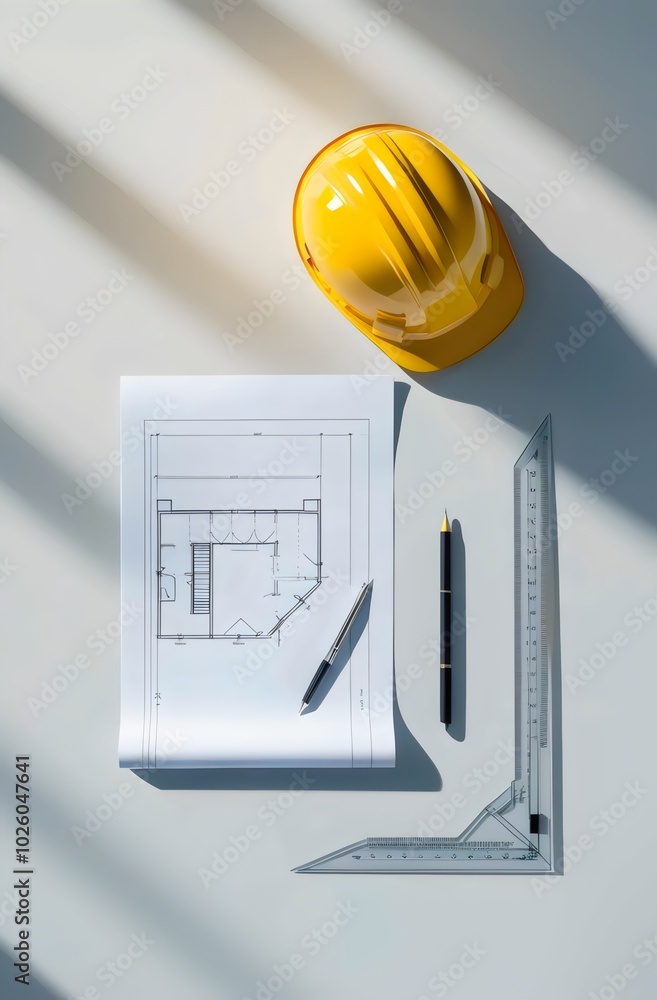 Construction workspace with a yellow hard hat, detailed floor plan ...