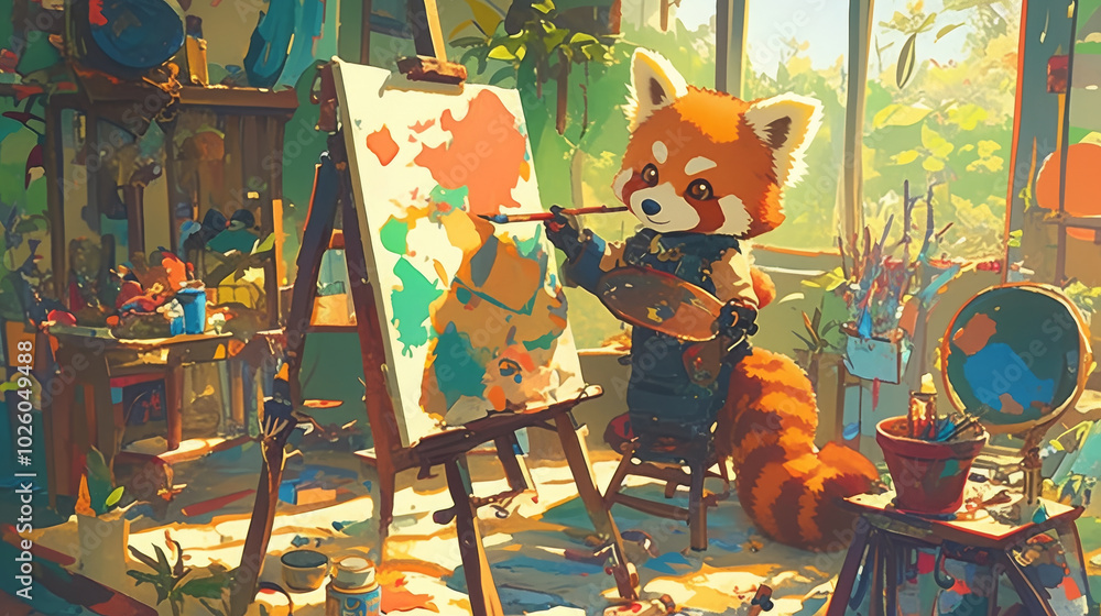 red panda artist is painting on canvas in studio. scene is full of ...