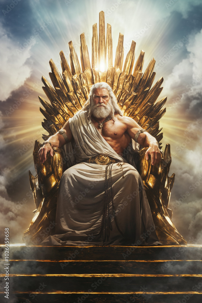 God seated on his golden throne of light. Heavenly glowing rays of ...
