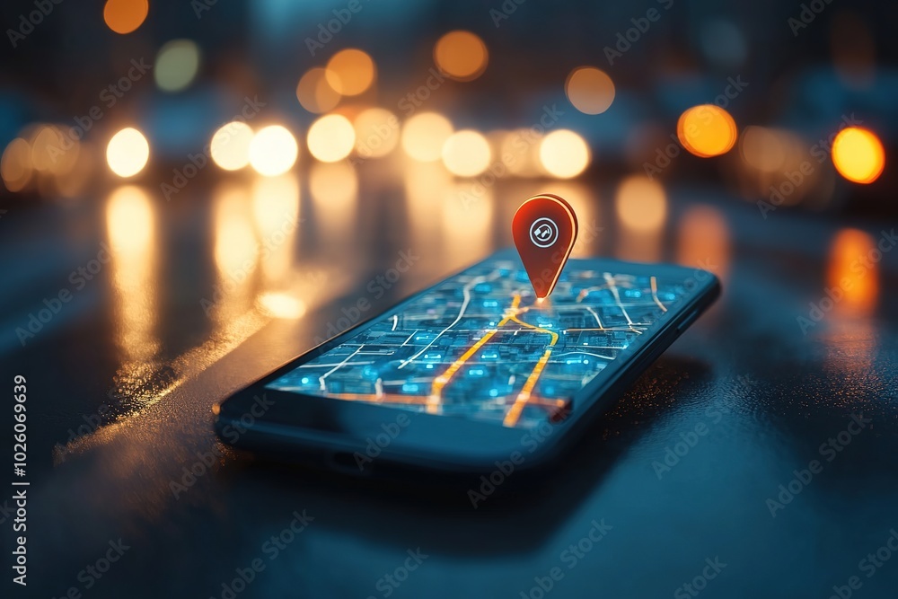 Smartphone displaying a GPS map with a location pin on a city street at ...