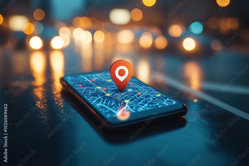 Smartphone displaying a GPS map with a location pin on a city street at ...
