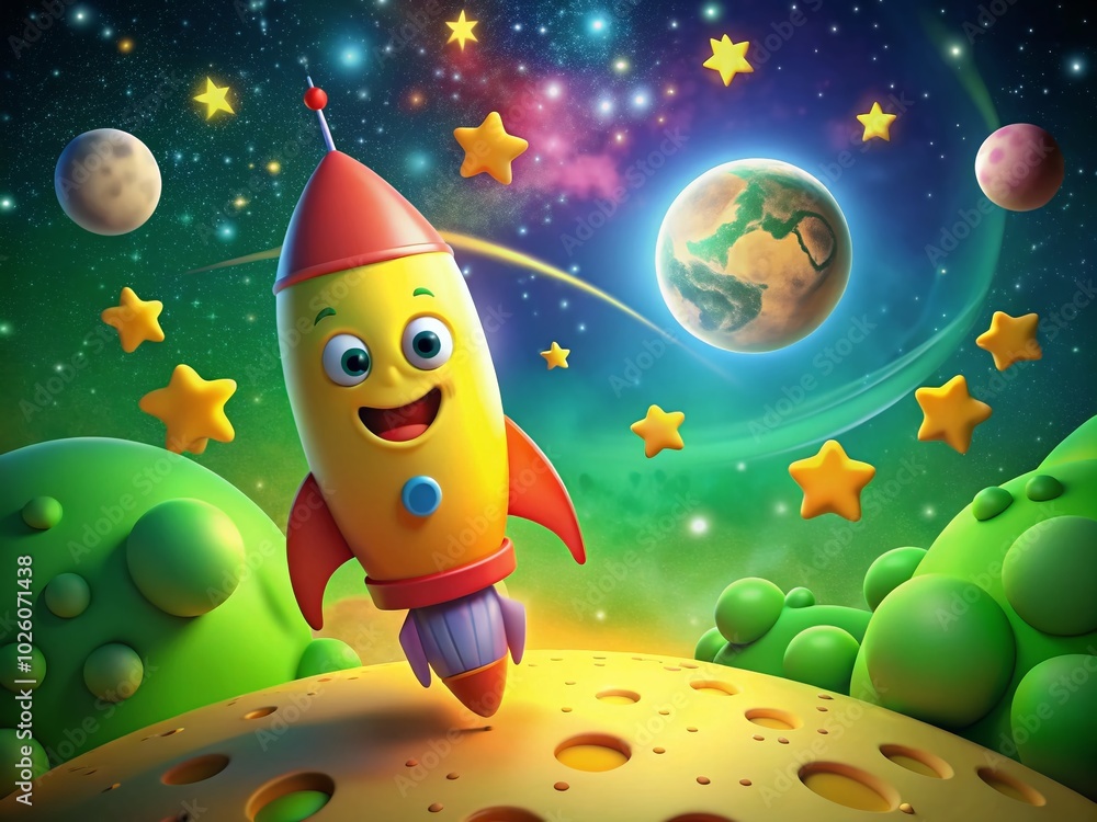 Cartoon Rocket Flying Around Sleeping Moon - Seamless Dynamic Loop ...