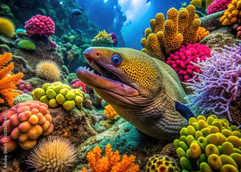 In a lively underwater paradise, a moray eel skillfully hunts ...