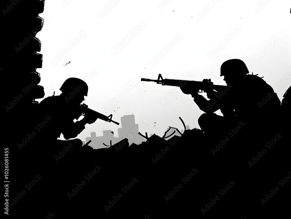 Two soldiers crouching behind a broken wall, exchanging fire with ...