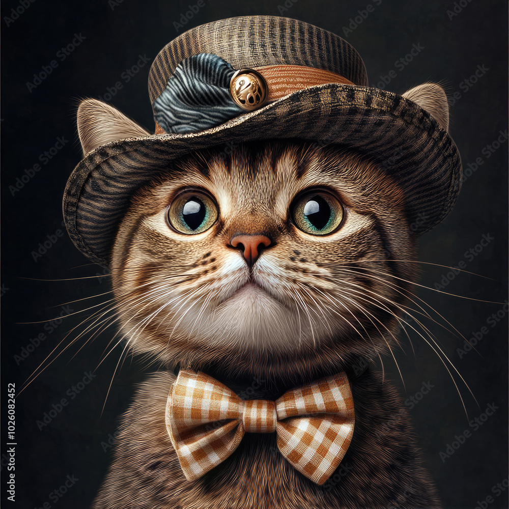 A close-up portrait of a tabby cat wearing a stylish hat and bowtie ...