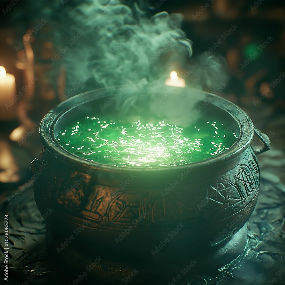 Mystical cauldron with glowing green potion surrounded by candlelight ...