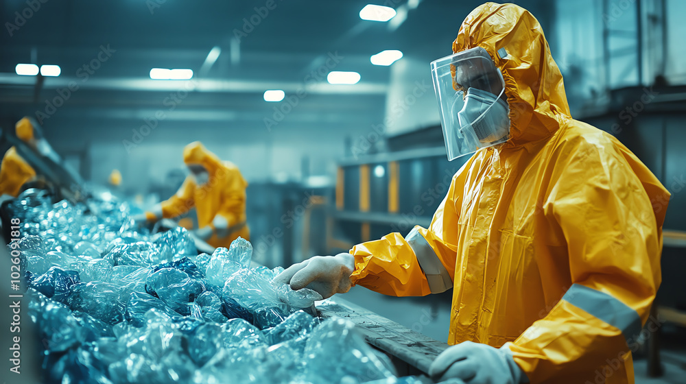 Workers in protective gear managing plastic waste on a recycling line ...