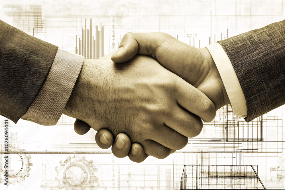 Professional handshake over mechanical gears and technical blueprints ...