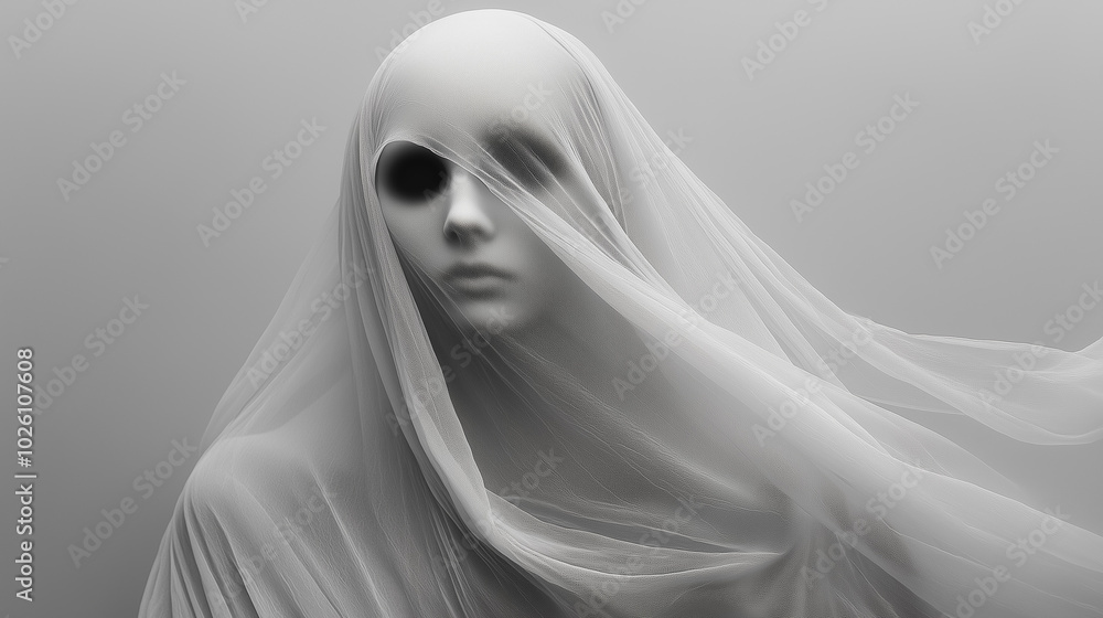 A woman's face is obscured by a white veil. The veil is tattered and ...