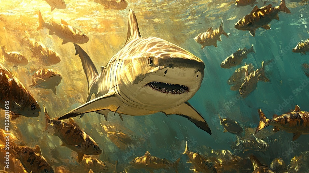 A school of fish parting as a tiger shark swims through, highlighting ...