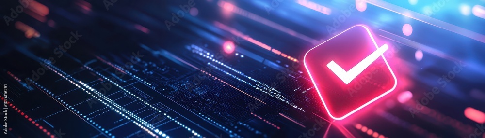 Glowing check mark in a futuristic digital background symbolizes ...