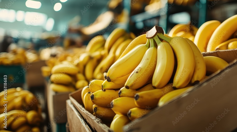 A pile of fresh yellow bananas in a cardboard crate is displayed at a ...