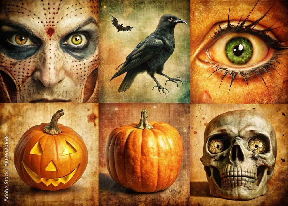 collage of several elements related to Halloween theme: a scary face ...