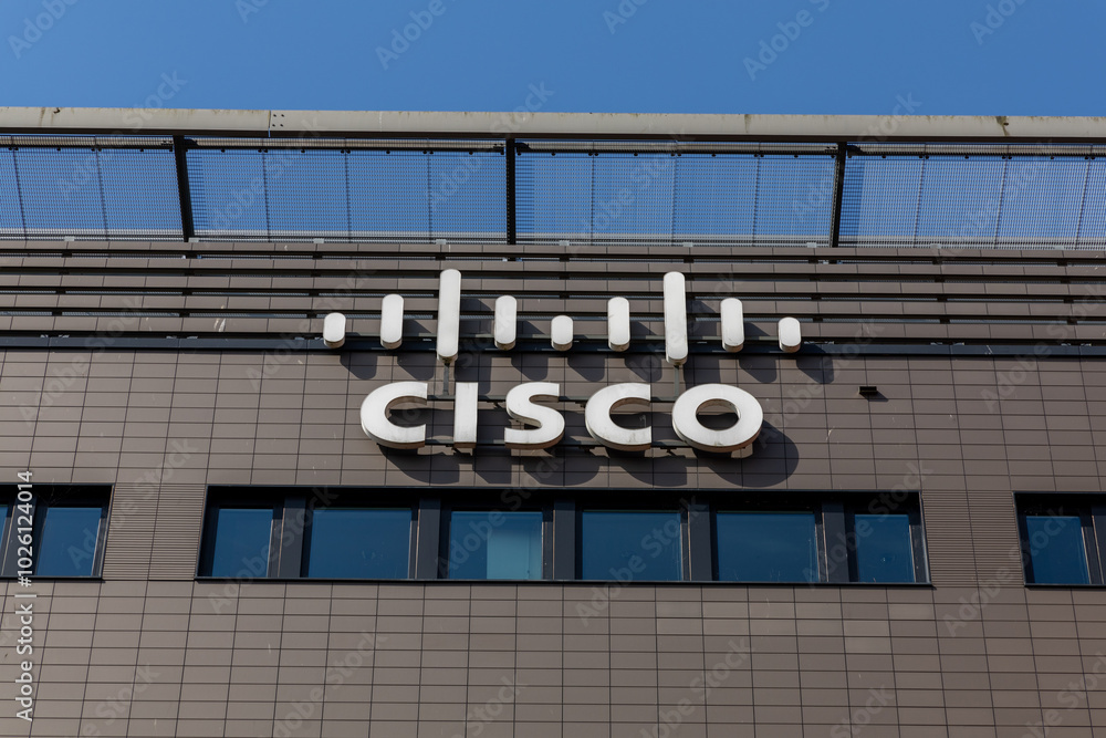 Cisco logo sign on the building. Cisco offers an industry-leading ...