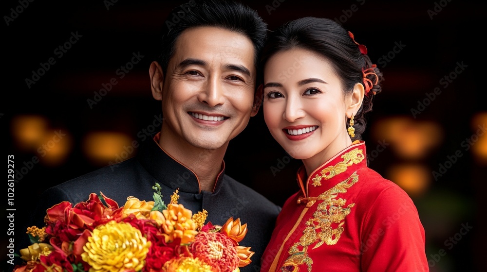 Chinese Wedding Couple: A radiant bride and groom stand in elegant ...