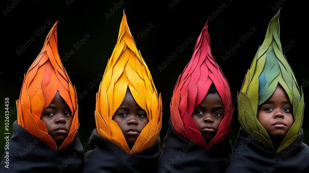 Flame-Crowned Children: Four young children wear vibrant, flame-shaped ...